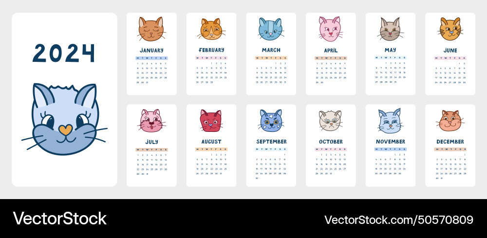 Cute calendar template for 2024 year with creative