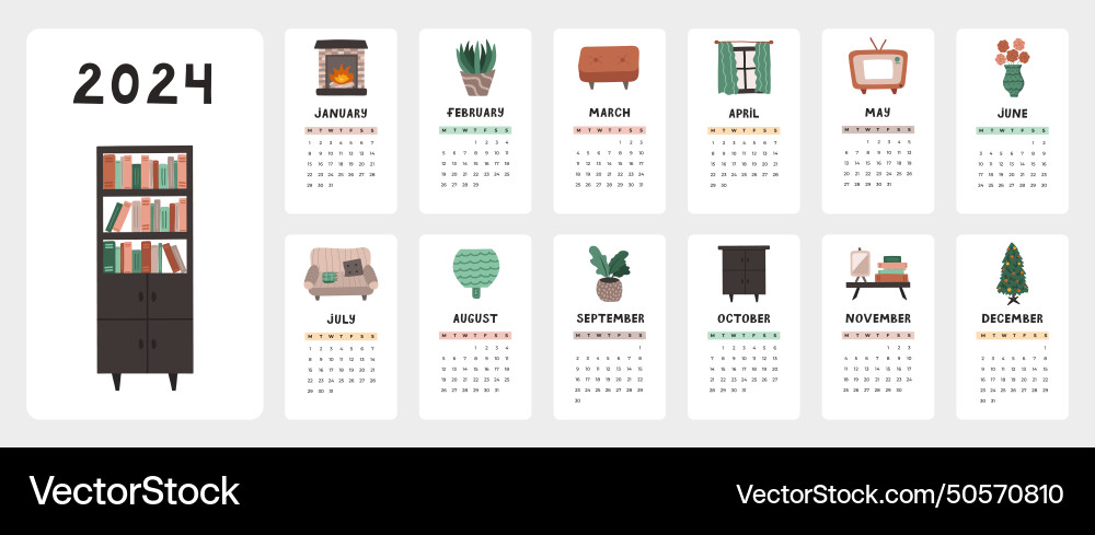 Cute calendar template for 2024 year with cozy Vector Image