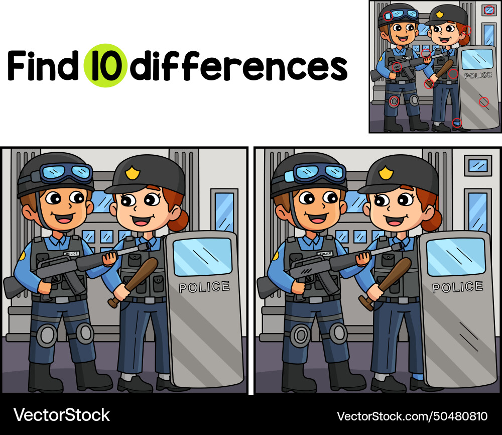 Police officer in full gear find the differences Vector Image