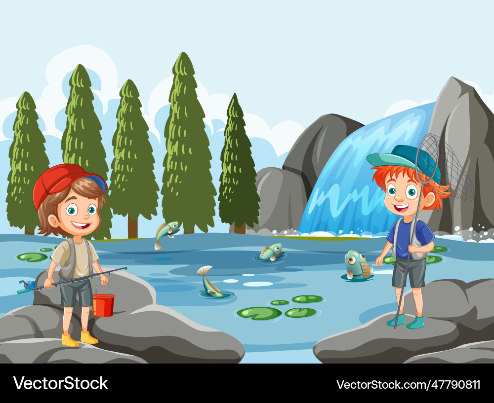 Kinder Cartoon Charaktere erkunden Teich im Wald Vektorbild