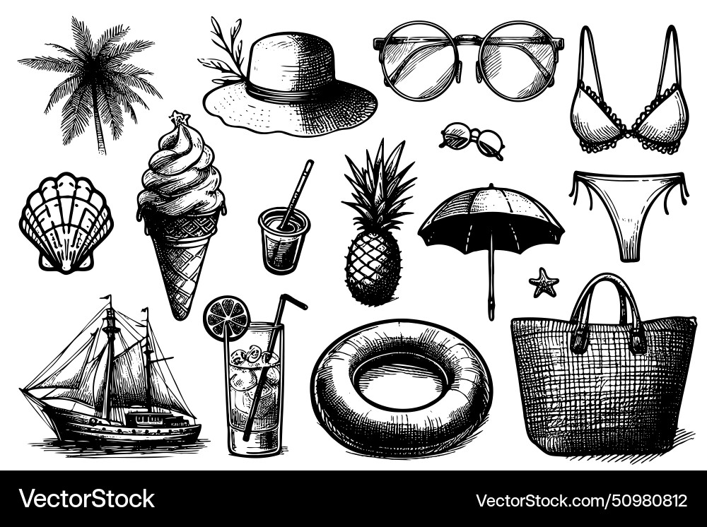 A set drawings beach items including boat Vector Image