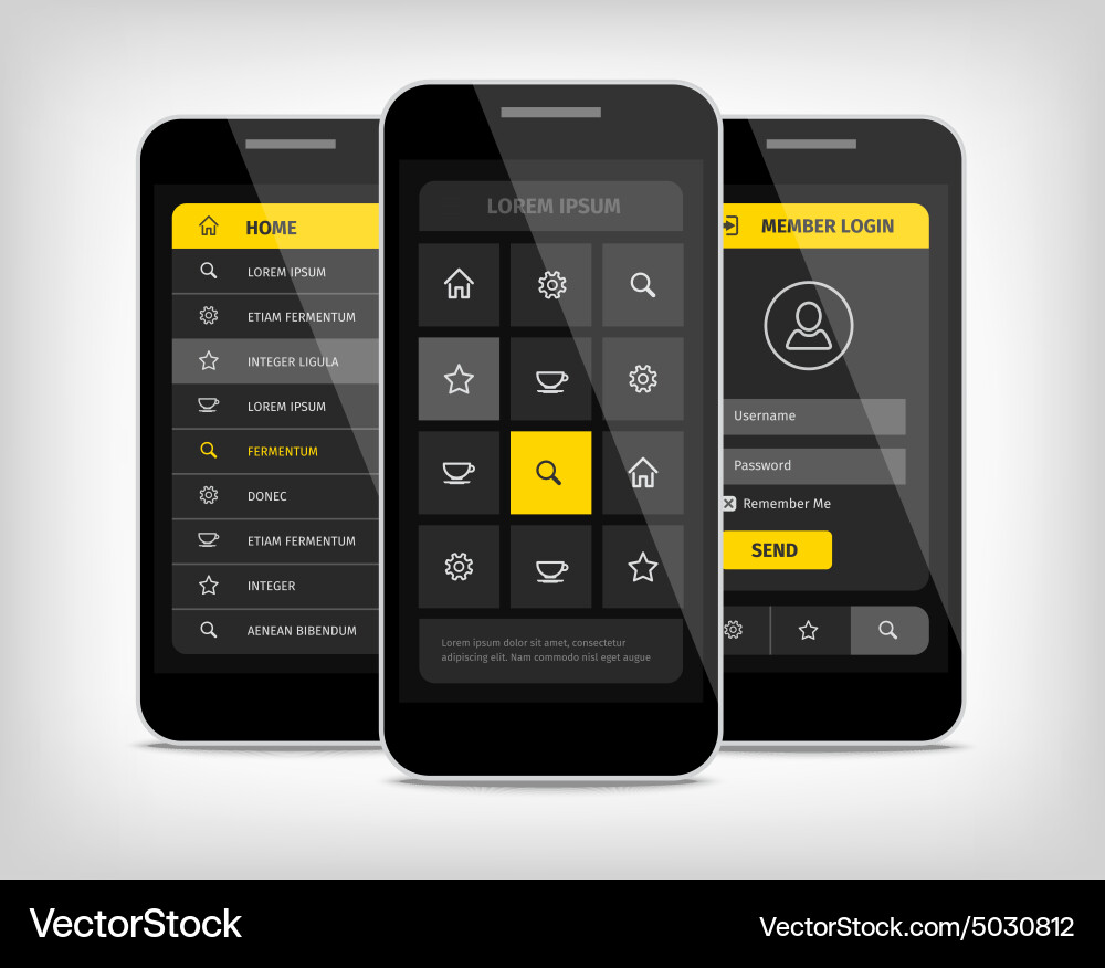 Mobile phones ui yellow buttons Royalty Free Vector Image