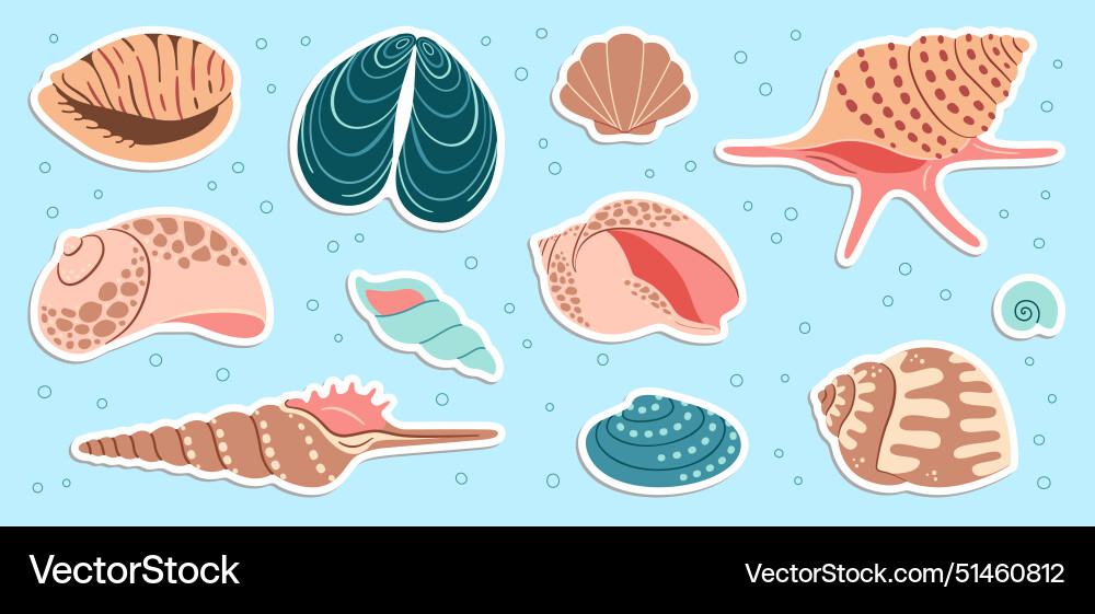 Sea shells sticker set trendy flat style hand Vector Image