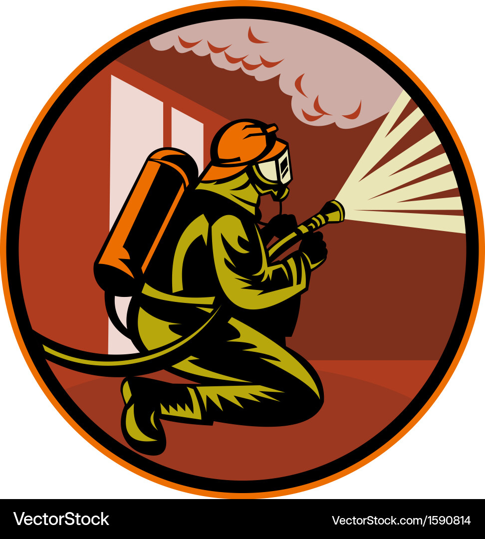 Fireman firefighter kneeling with fire hose Vector Image