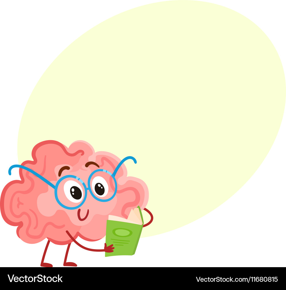 Funny smiling brain in round glasses reading Vector Image