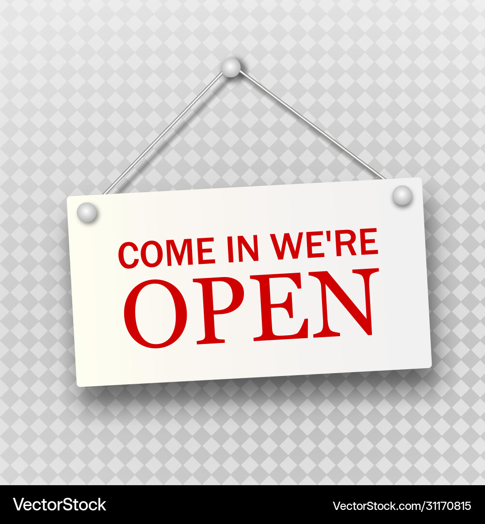 Open sign board hanging on white wall Royalty Free Vector