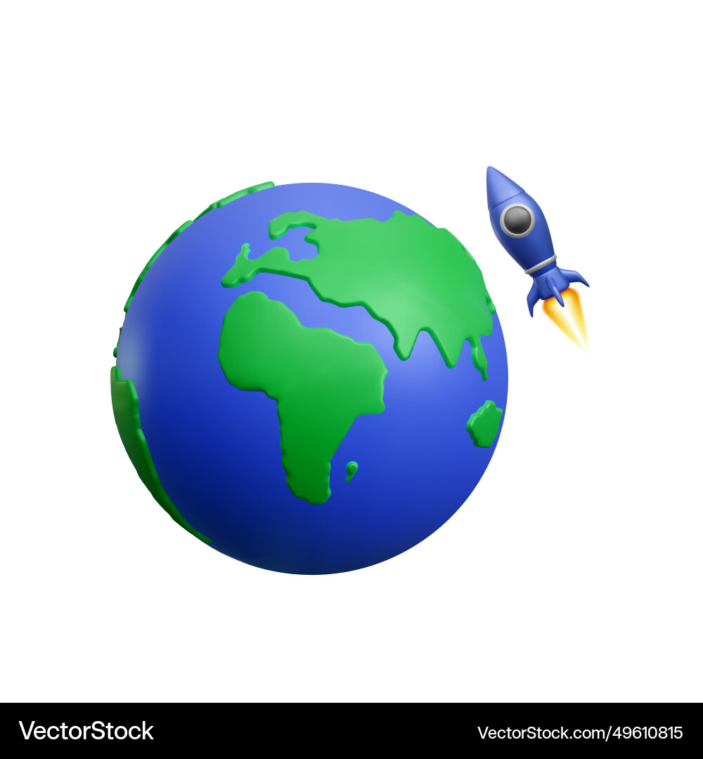 Realistic 3d planet earth with flying rocket Vector Image