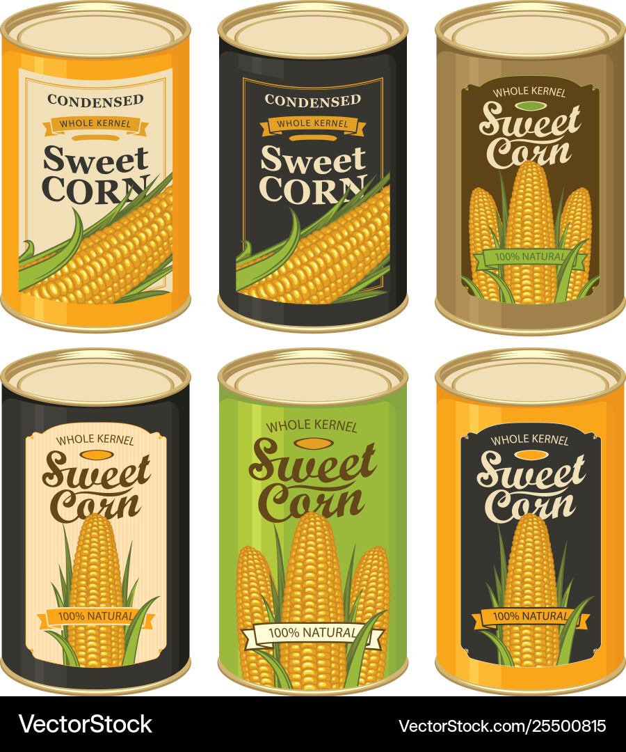 Tin cans with various labels for canned sweet corn