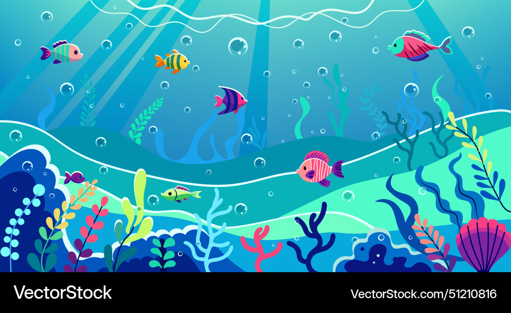 Colorful underwater scene with various cartoon Vector Image