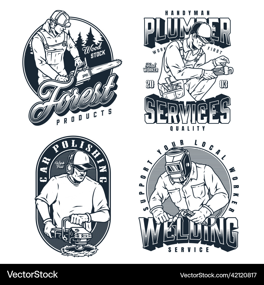 Creative monochrome emblems set with workers Vector Image
