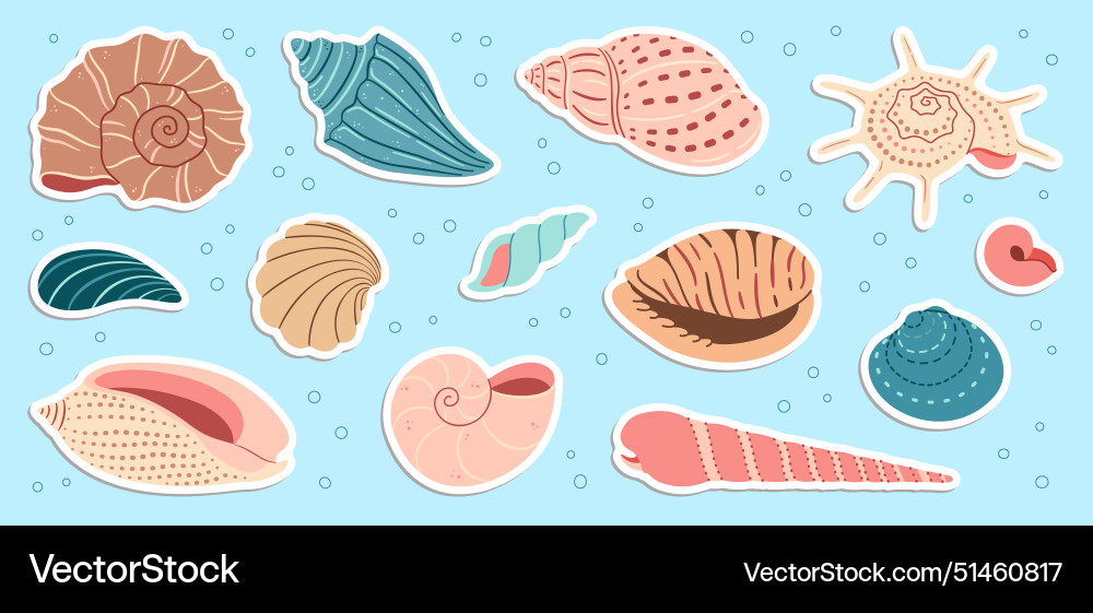 Sea shells sticker set trendy flat style hand Vector Image