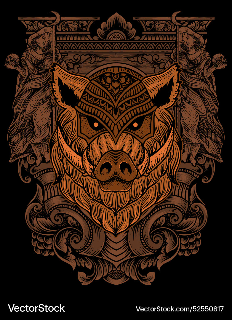 Wild boar head with antique engraving ornament Vector Image