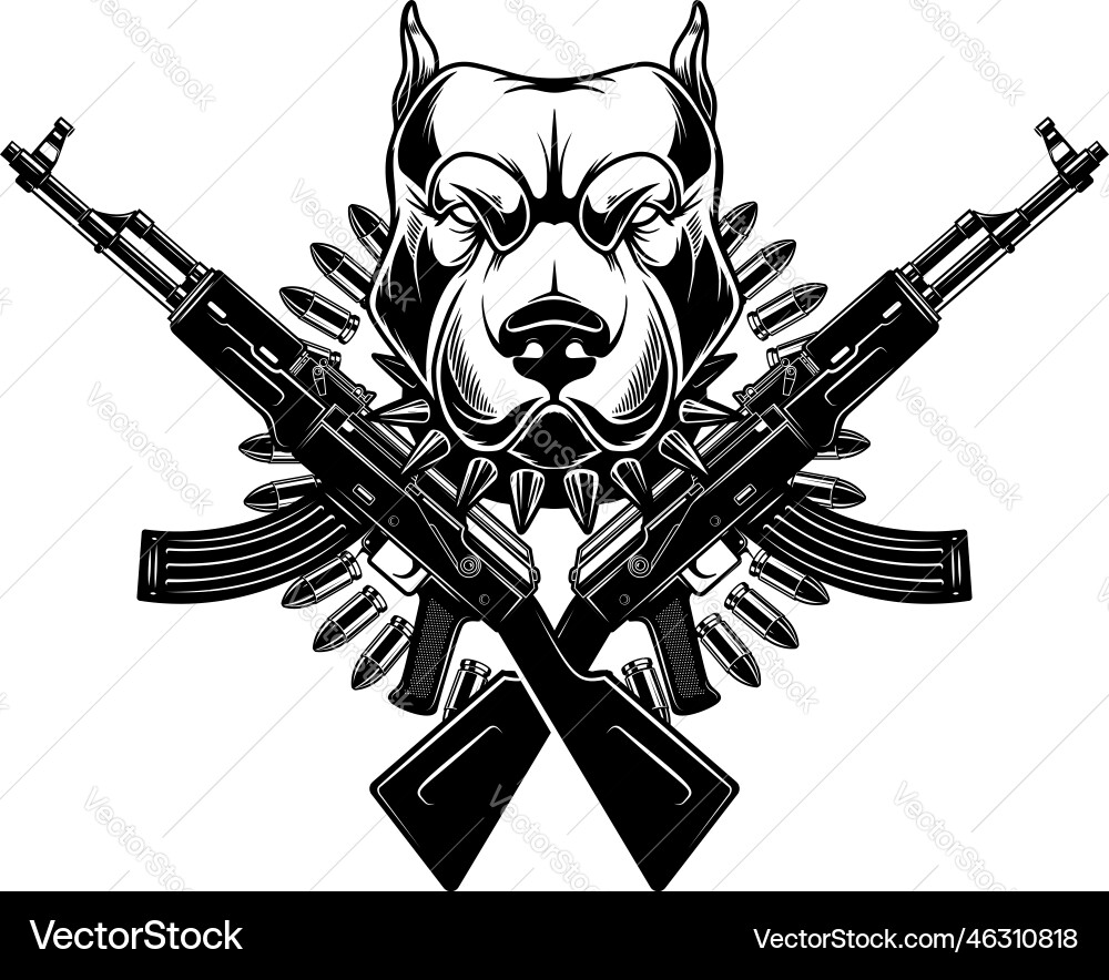 Angry dog head with crossed assault rifles design Vector Image