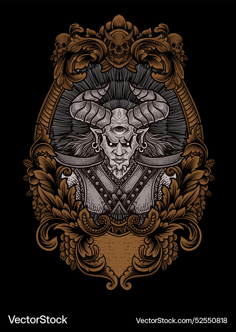 Badass demon with engraving ornament Royalty Free Vector