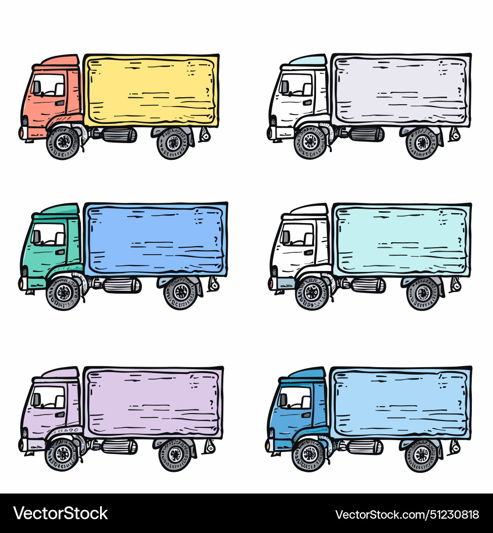 Handdrawn trucks various colors side view cartoon Vector Image