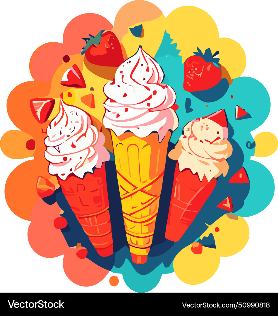 Three appetizing ice cream cones with strawberries