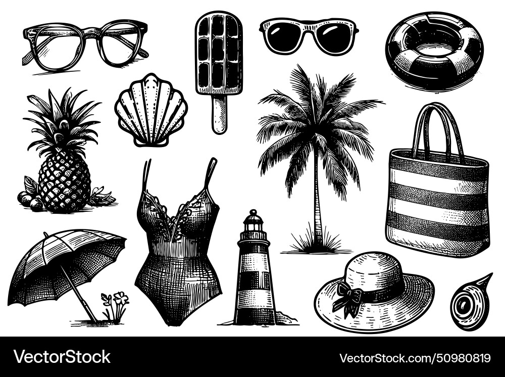A collection beach-related items including Vector Image