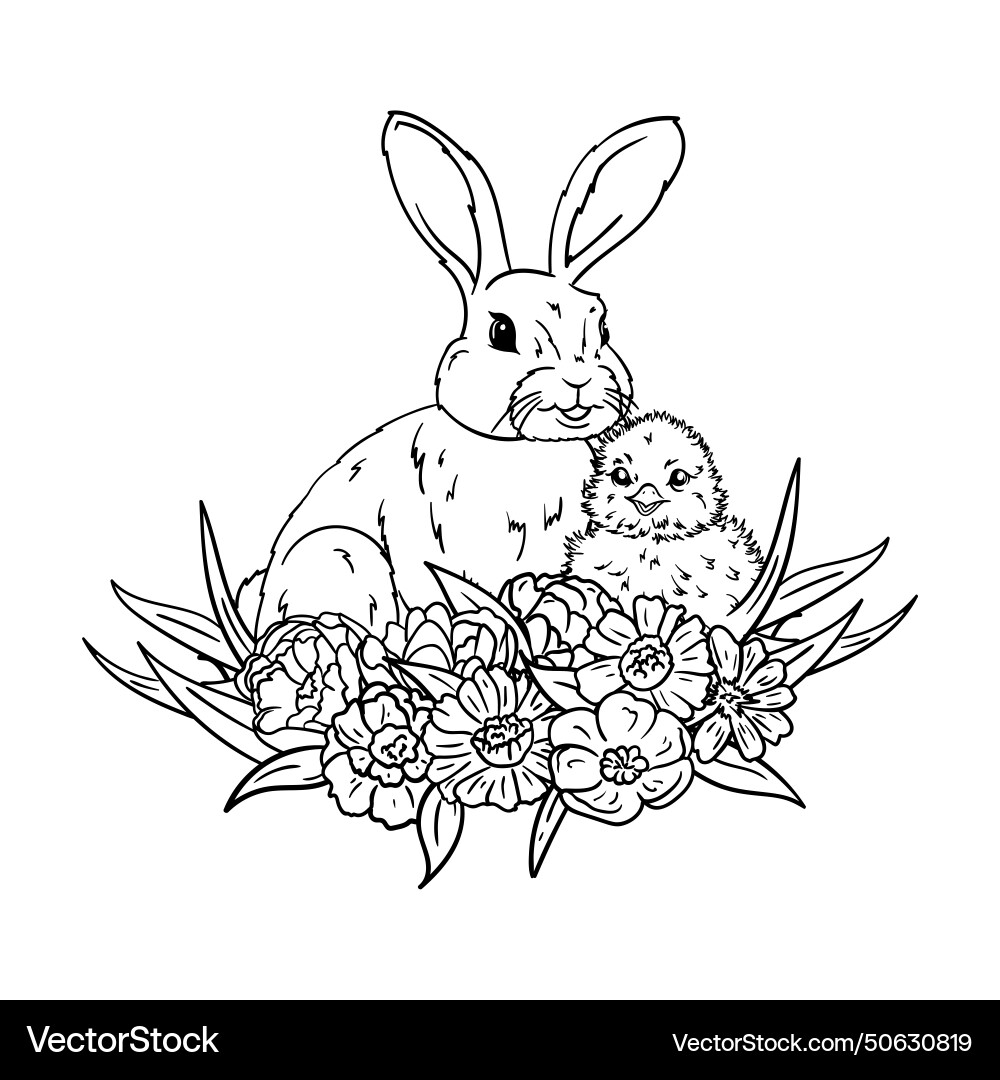 Coloring page with a chicken and rabbit flowers Vector Image