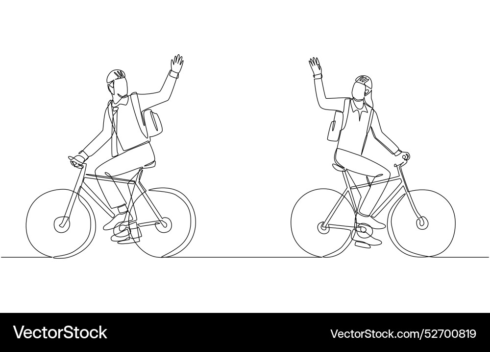 Employees waving goodbye while riding bicycles Vector Image