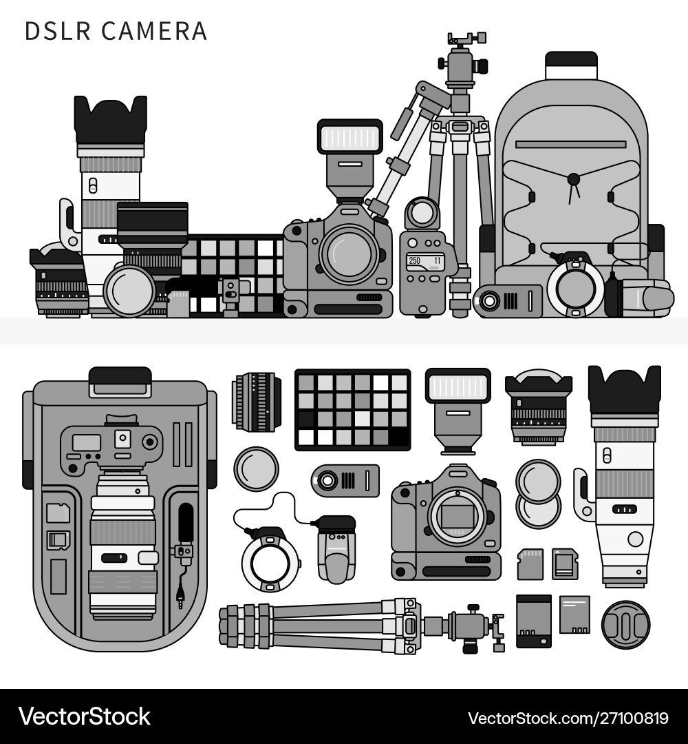 Monochrome DSLR Camera Parts Royalty Free Vector Image