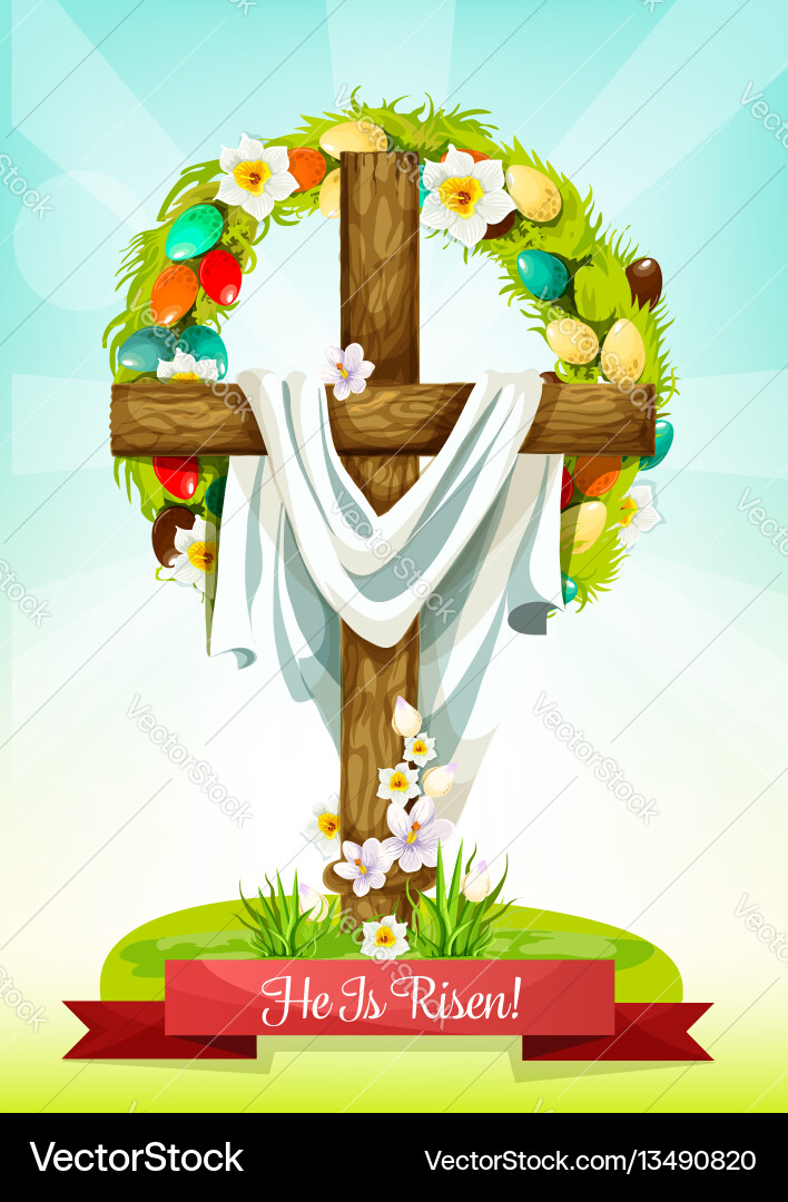 Easter sunday cross with flower and egg wreath Vector Image
