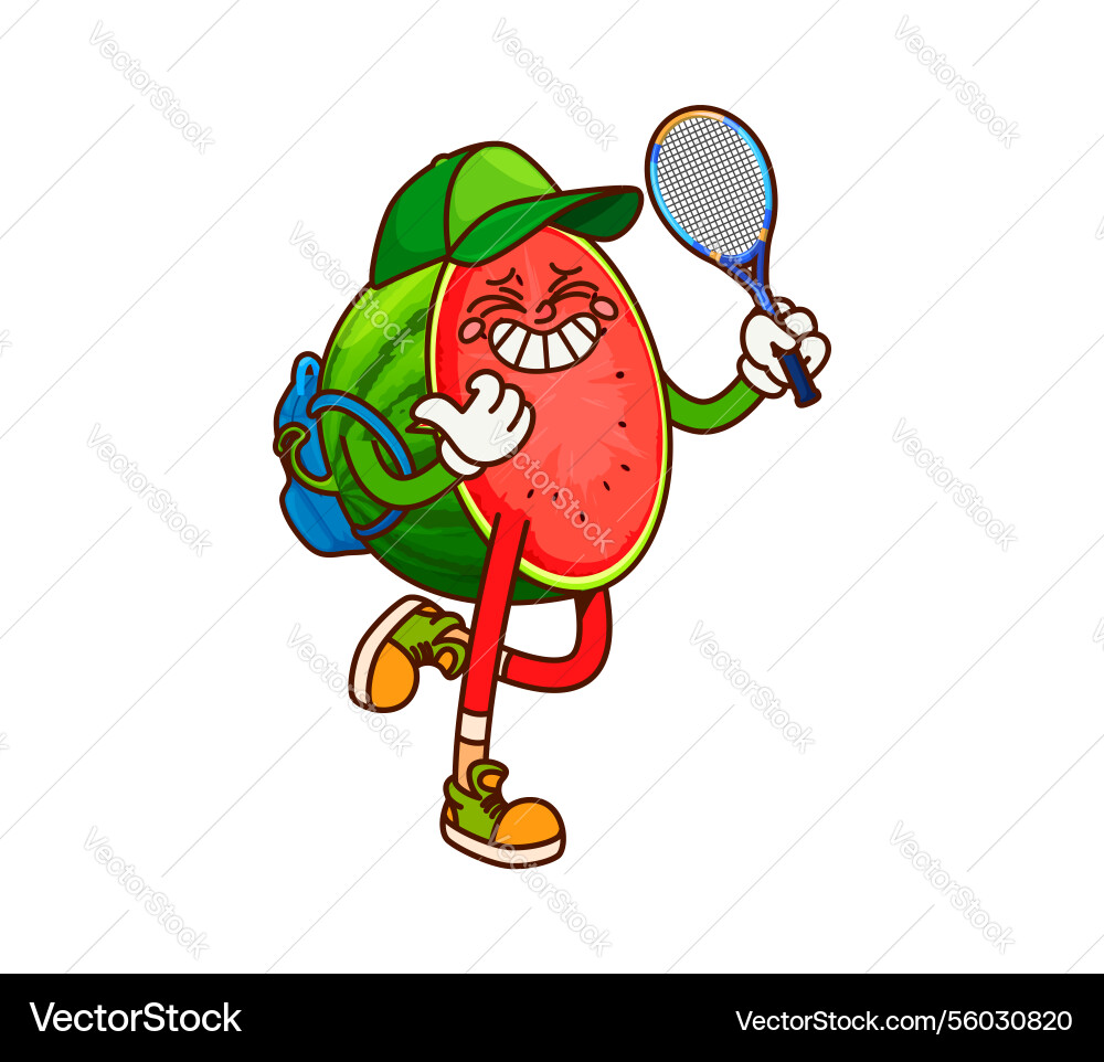Groovy watermelon character holding tennis racket Vector Image