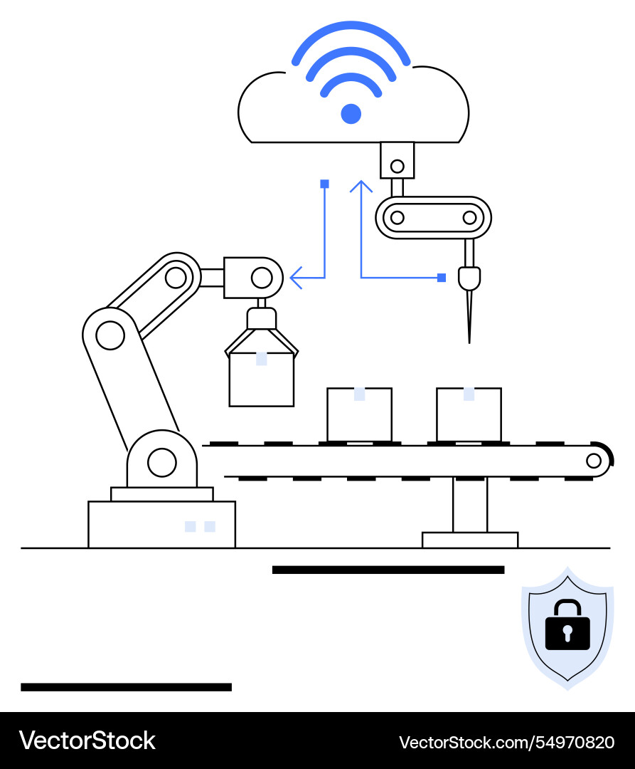 Robotic arms on smart conveyor belt connected Vector Image