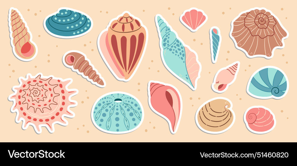 Sea shells sticker set trendy flat style hand Vector Image