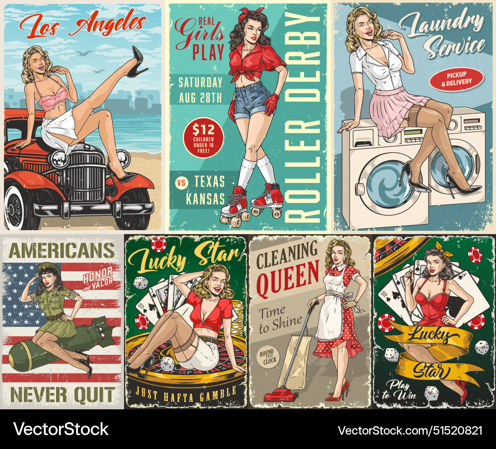 Pinup girls set poster colorful Royalty Free Vector Image