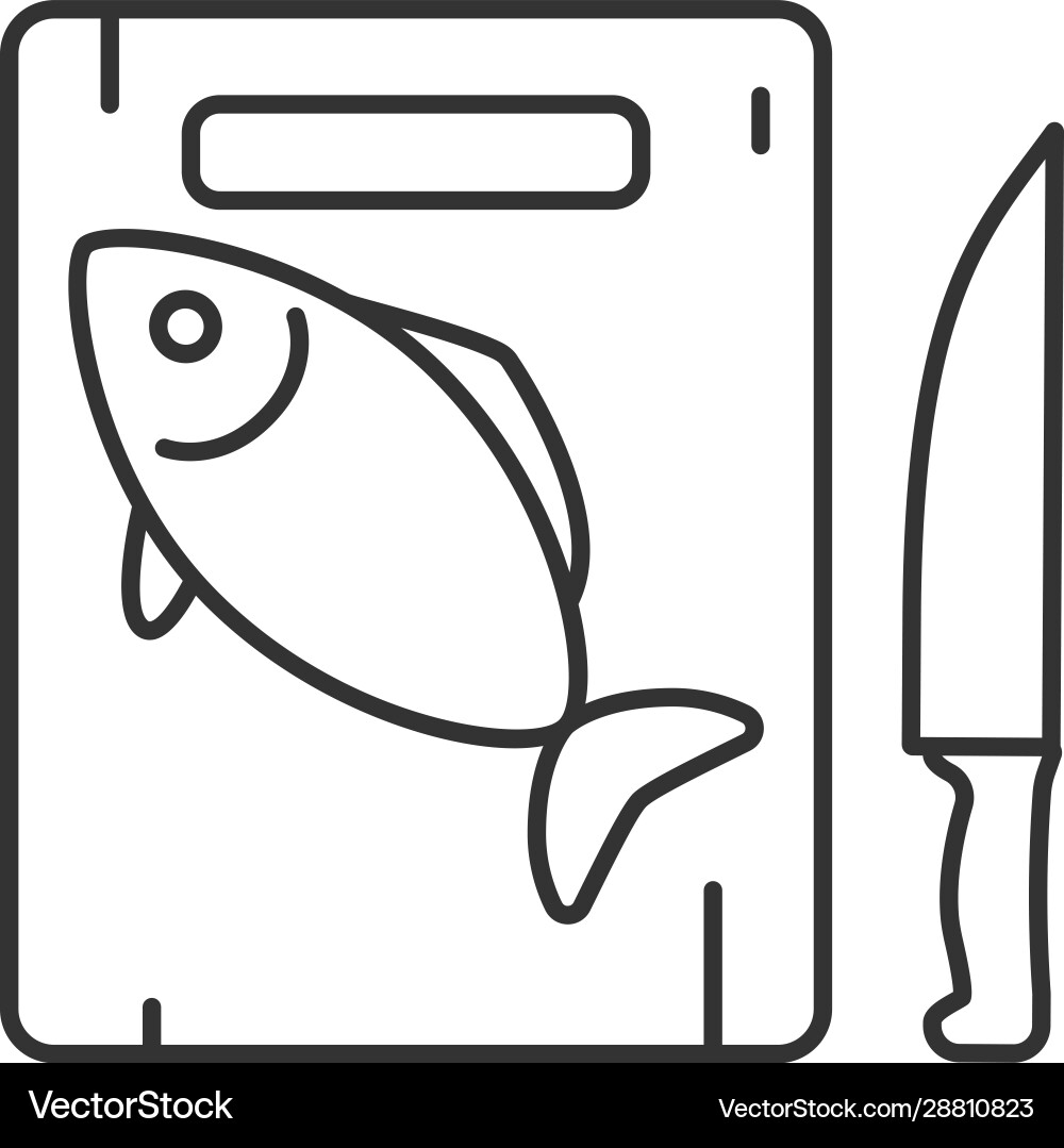 Cutting board with fish and knife linear icon Vector Image