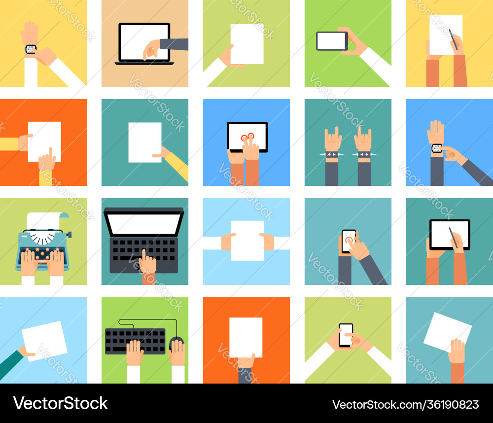 Flat hand icons holding various devices and hands Vector Image