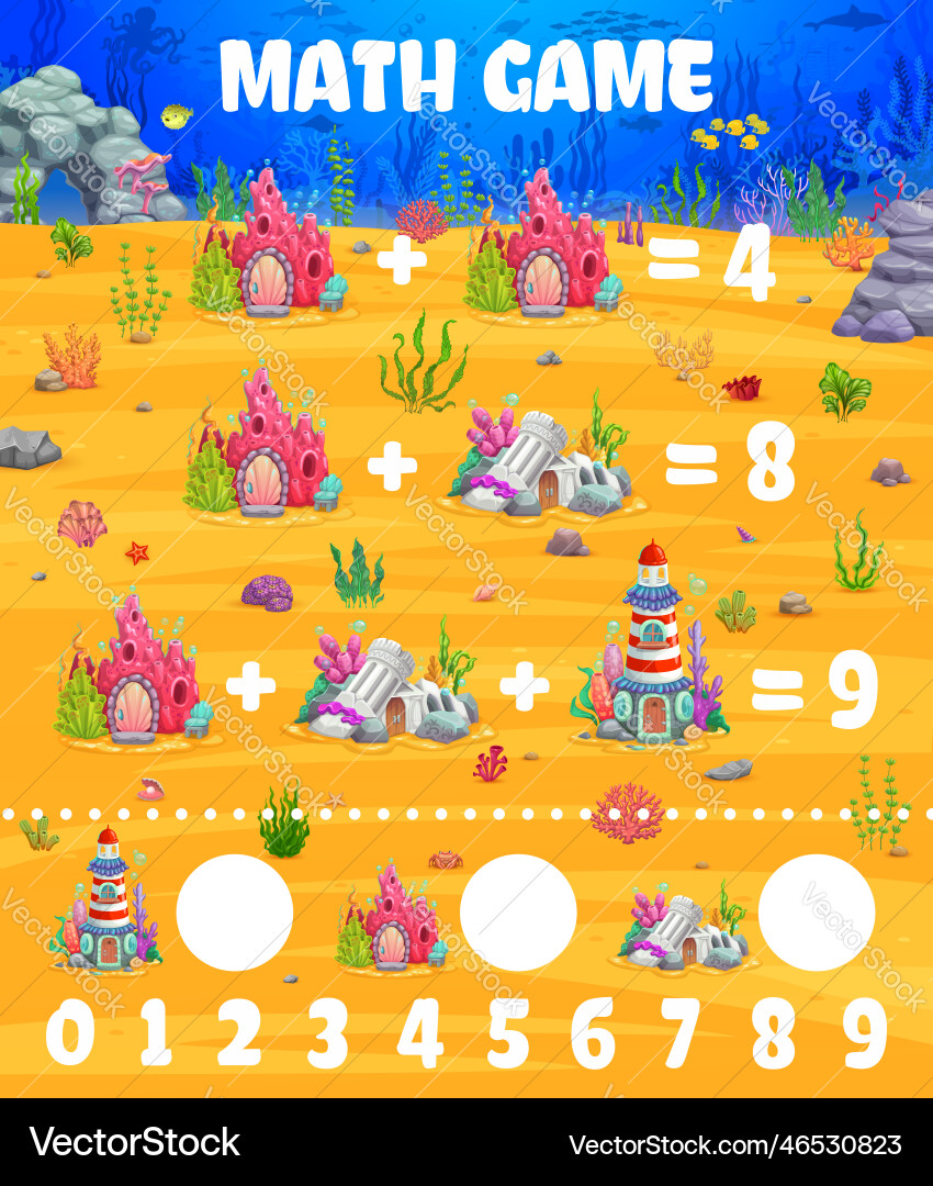 Math game worksheet cartoon underwater fairy house