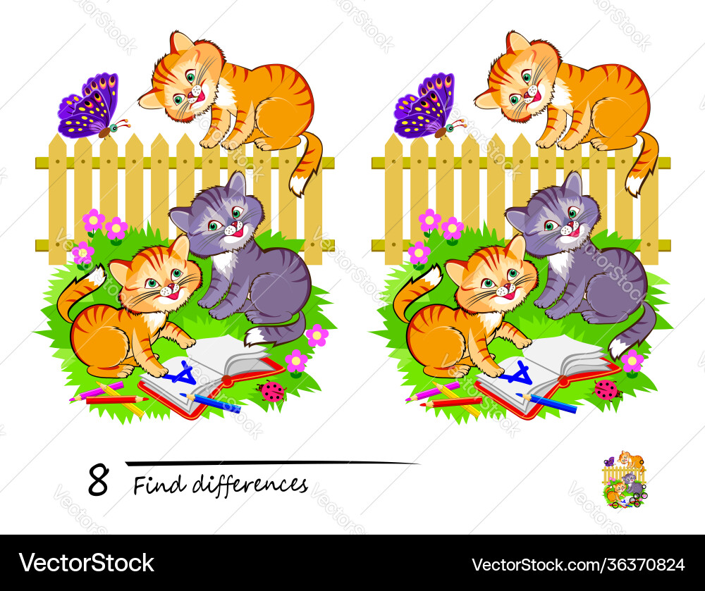 Find 8 differences three little kittens Royalty Free Vector