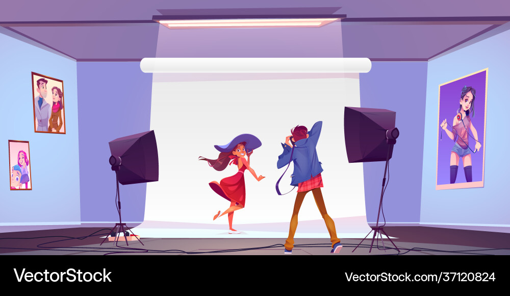 Model and man with camera in photography studio Vector Image