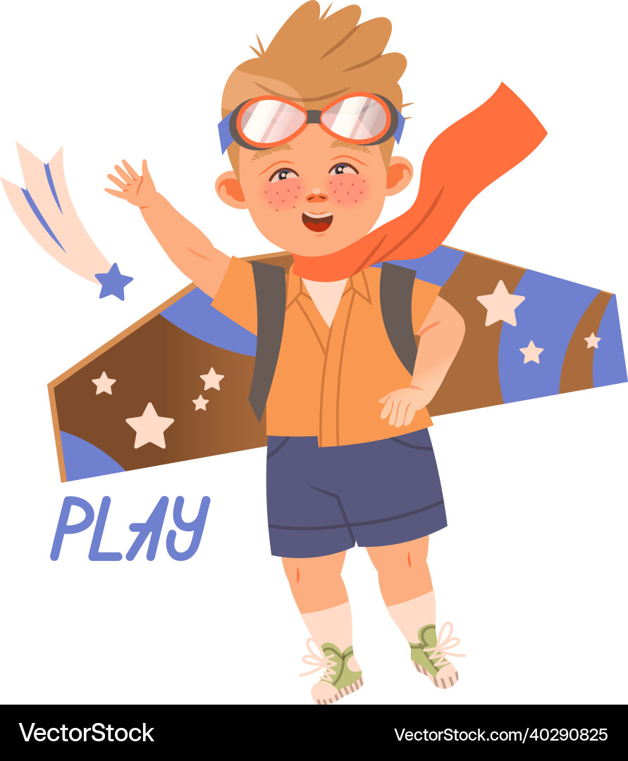 Cute little boy pilot playing with paper wings Vector Image