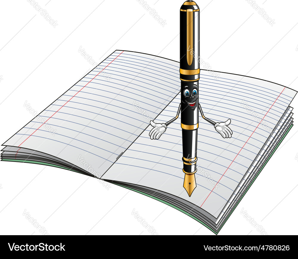 Fountain pen cartoon character with notebook Vector Image