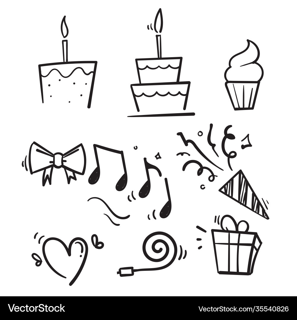 Hand drawn happy birthday party line icon set Vector Image