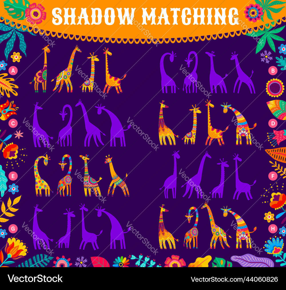 Shadow matching quiz game with african giraffes Vector Image
