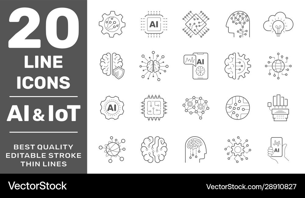 Machine learning thin outline icon set Royalty Free Vector