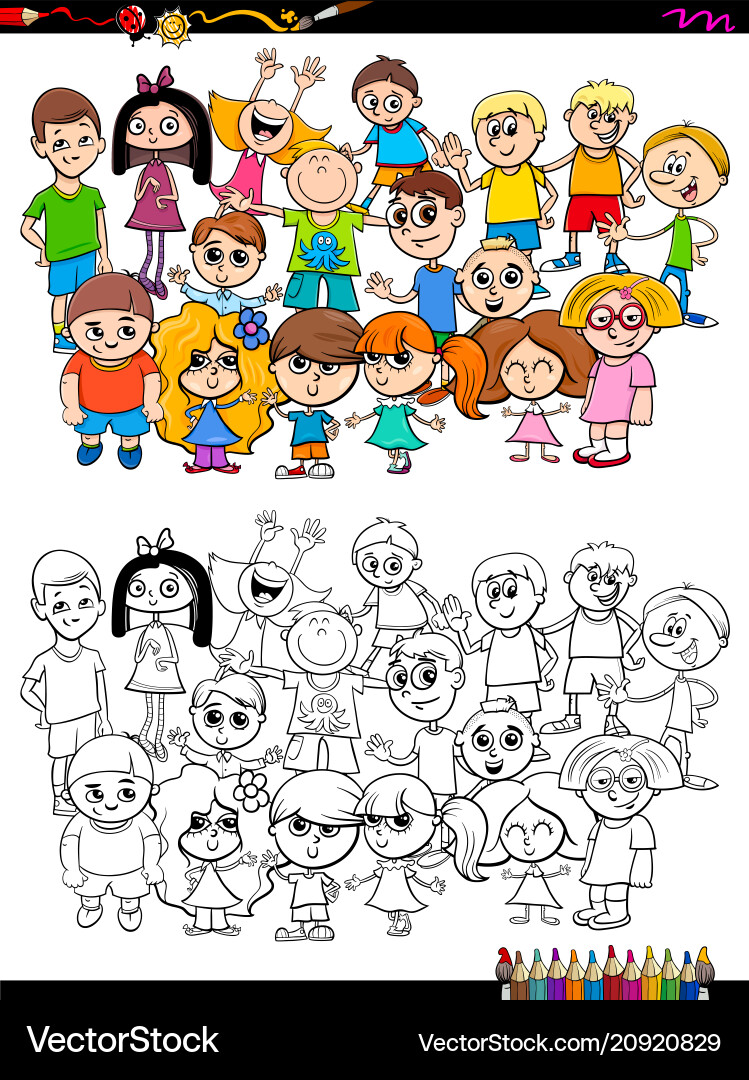 Children characters group coloring book Royalty Free Vector