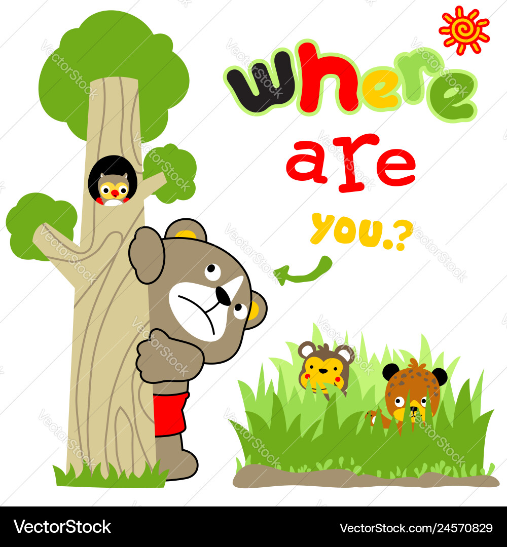 Playing hide and seek with cute animals cartoon Vector Image