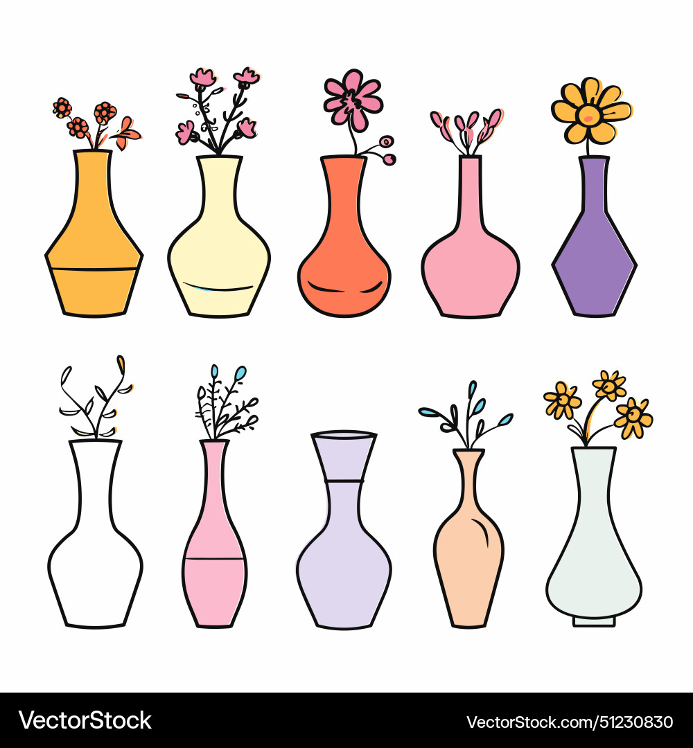 Collection colorful vases flowers simplistic Vector Image