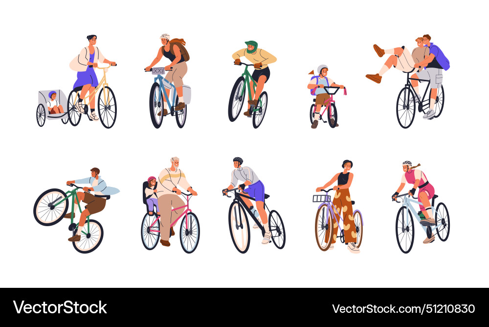 Cycling characters set happy people riding Vector Image