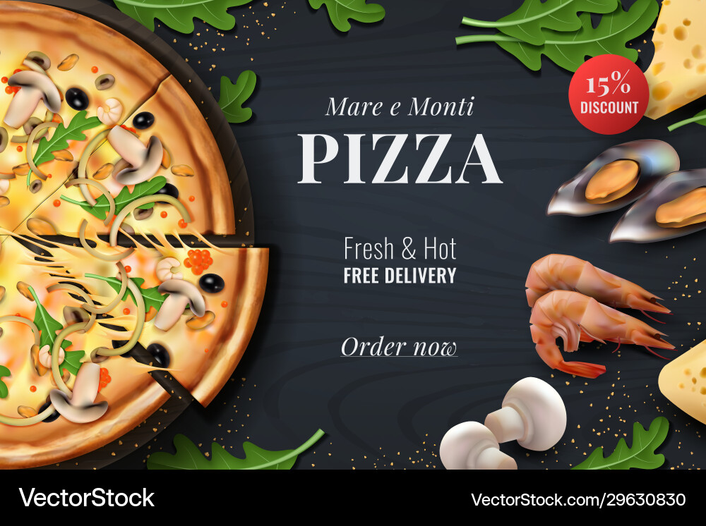 Realistic pizza background menu poster Royalty Free Vector