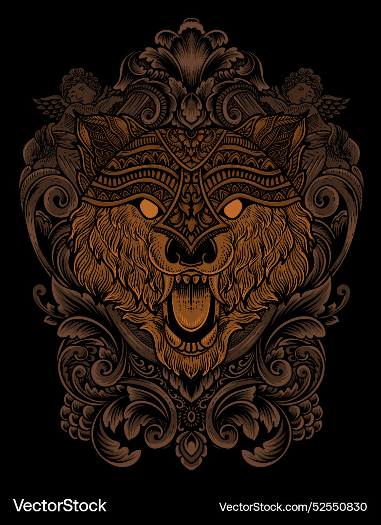 Wolf head engraving ornament style with mask Vector Image