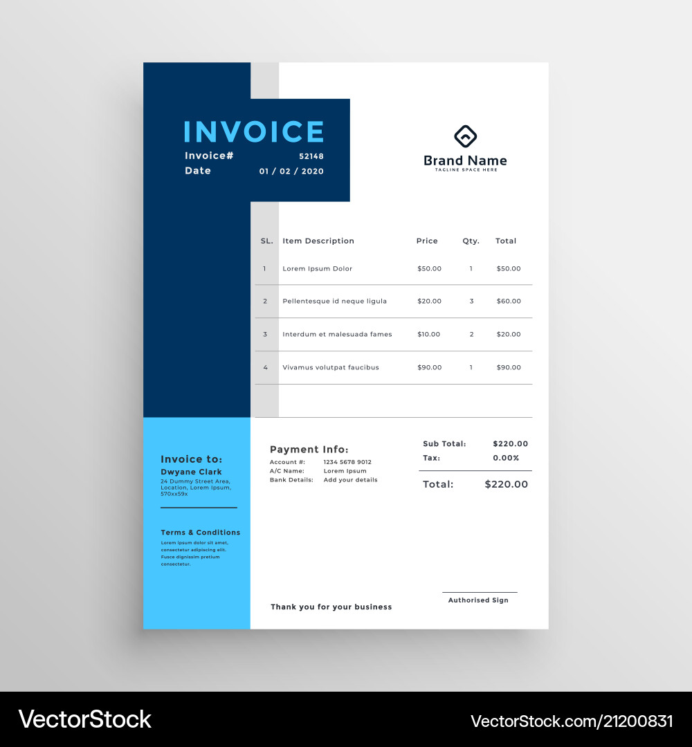 Blue clean business invoice template Royalty Free Vector