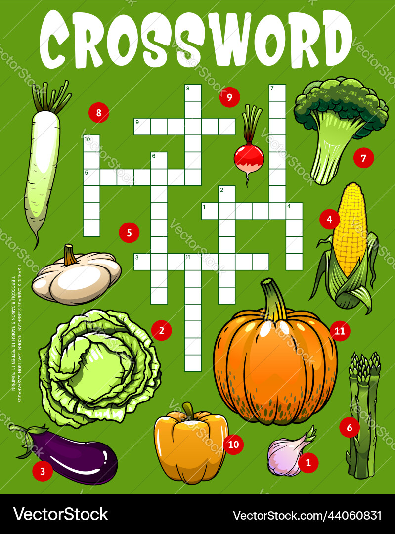 Farm vegetables crossword puzzle game worksheet Vector Image
