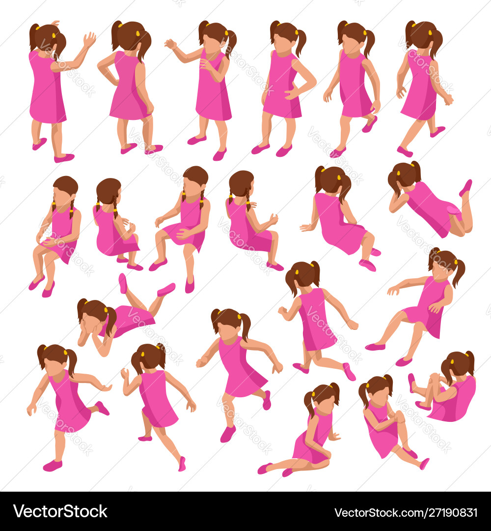 Isometric set girls in different poses stands Vector Image