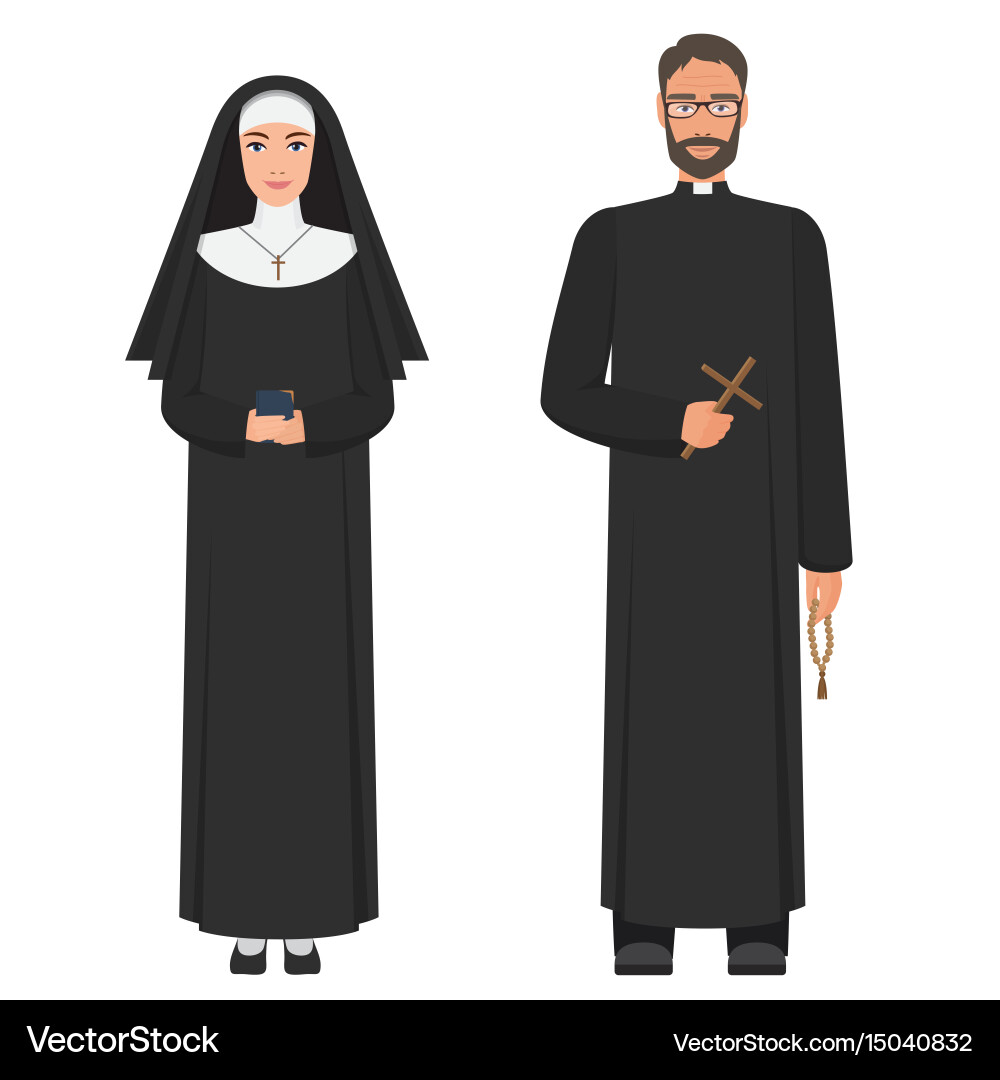 Catholic priest and nun flat cartoon Royalty Free Vector