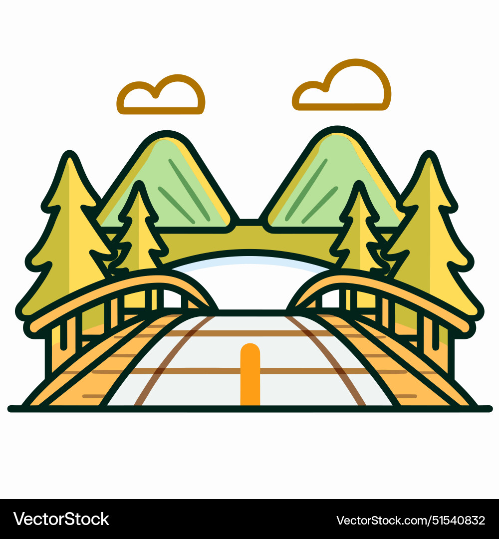 Handdrawn cartoon bridge surrounded nature pine Vector Image